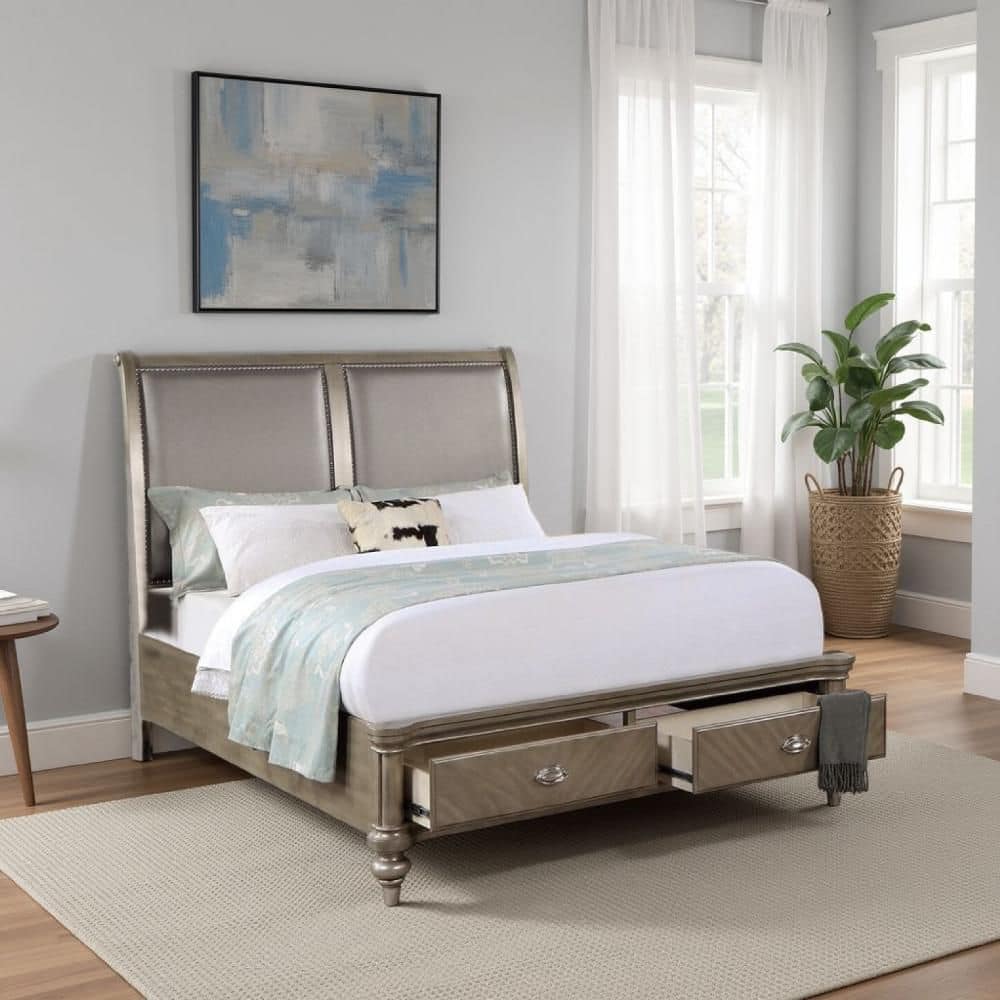 Benjara Ella Gold Wood Frame Queen Size Panel Bed with 2-Storage ...