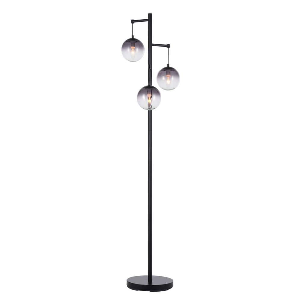Merra 66 in. Black Modern Tree Floor Lamp with 3 Hanging Round Glass ...