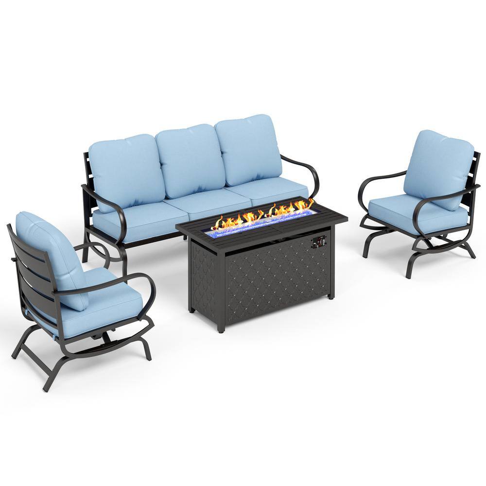 PHI VILLA 5 Seat 4-Piece Metal Outdoor Patio Conversation Set with Blue ...