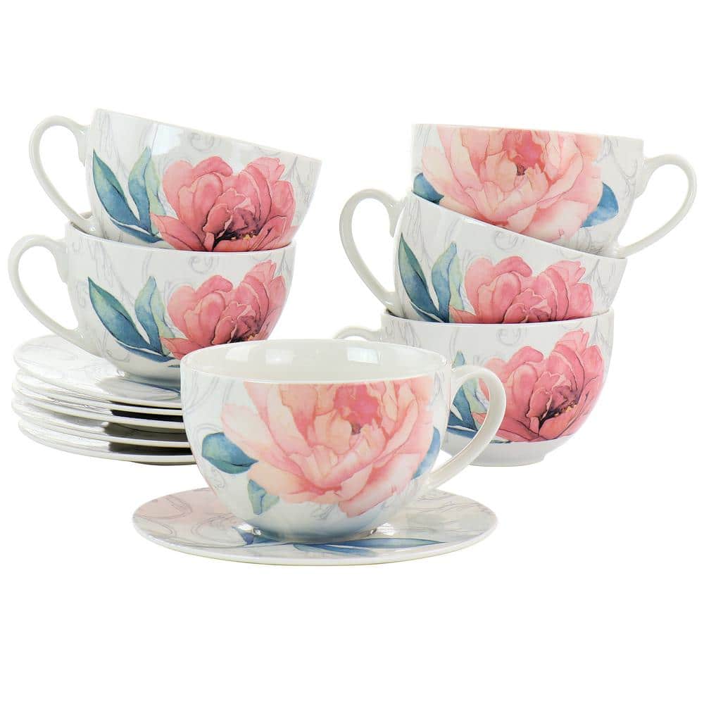 MARTHA STEWART 18 oz. White Ceramic Flora Cup and Saucer (Set of 6 ...
