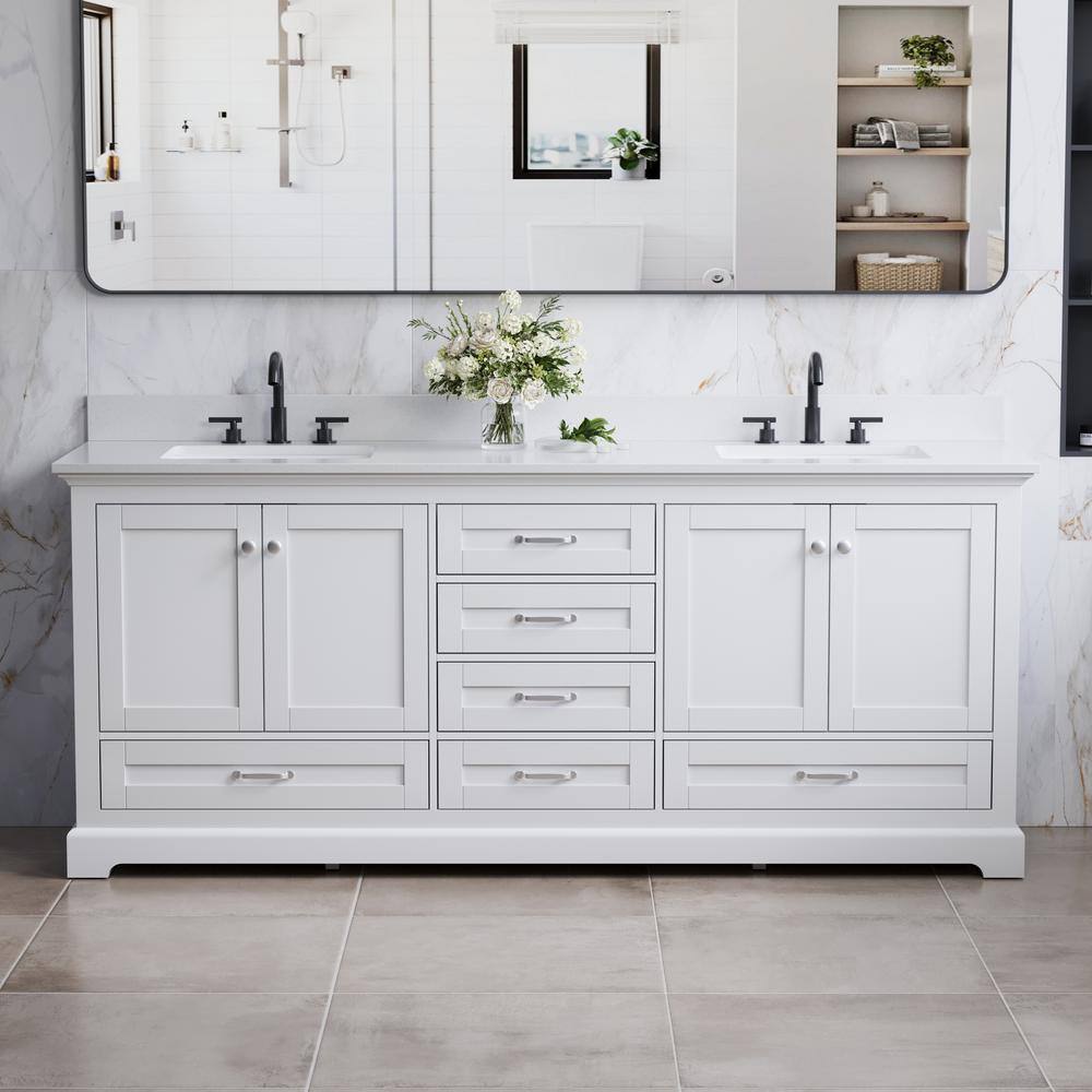 ANGELES HOME 80 in. W Freestanding White Bath Vanity with White Marble ...
