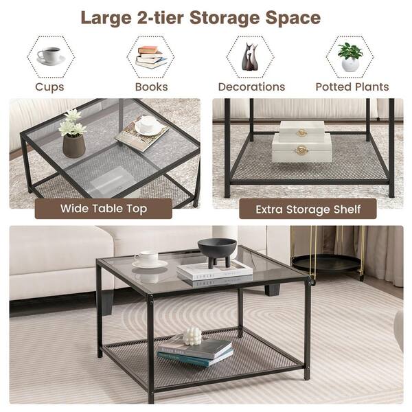 Costway 27.5 in. Grey Square Glass Coffee Table 2 Tier with Mesh Shelf Living Room H9I 10N4 A94 AHS The Home Depot