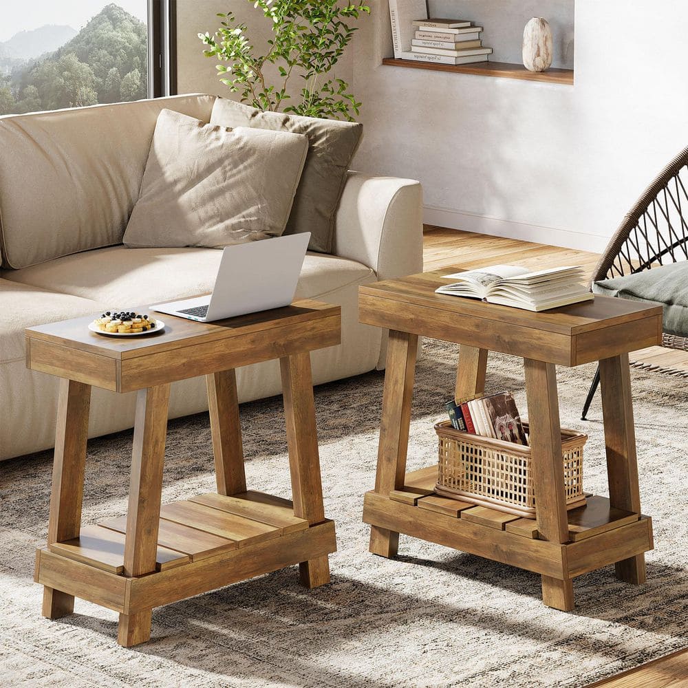 BYBLIGHT Kerlin 23.62 in. Brown Rectangle 2-Tier Wood Side Table with ...