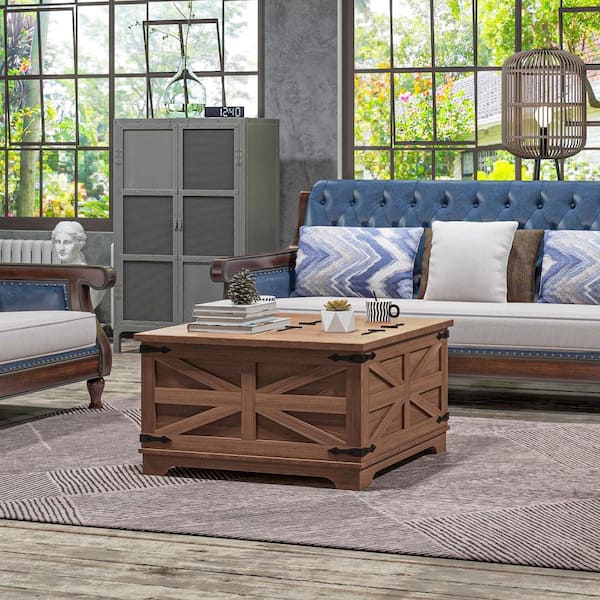 HOMCOM Farmhouse Coffee Table 31.5 in. Distressed Brown Rectangle Composite Coffee Table with Hinged Lift Top Hidden Space 839 928V80BN