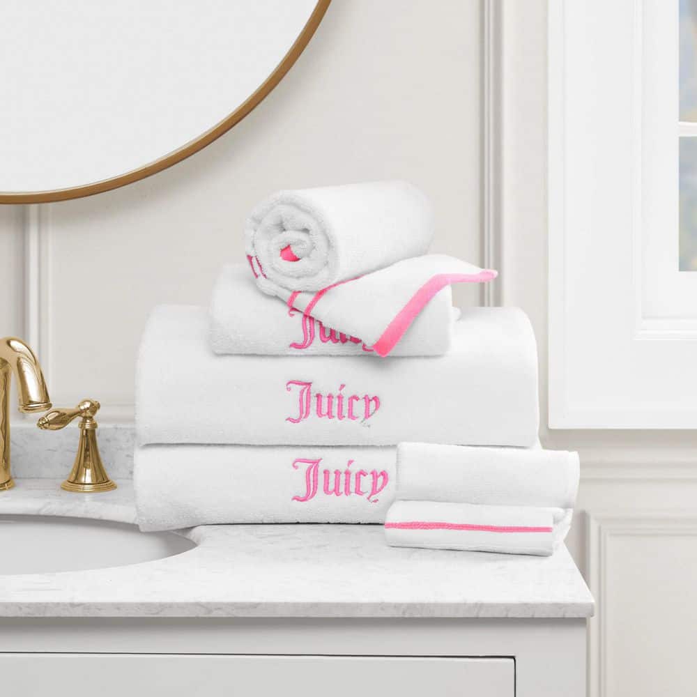 JUICY COUTURE Neon Border 6-Piece Cotton Bath Towel Set in White/Hot ...
