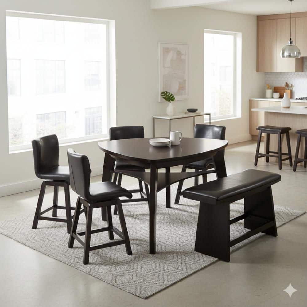 Benjara Leya 7-Piece Triangular Black Solid Wood Dining Table Set Seats ...