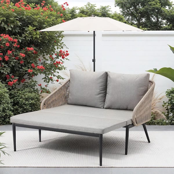 AECOJOY Metal Outdoor Double Chaise Lounge Chair, Convertible Patio ...