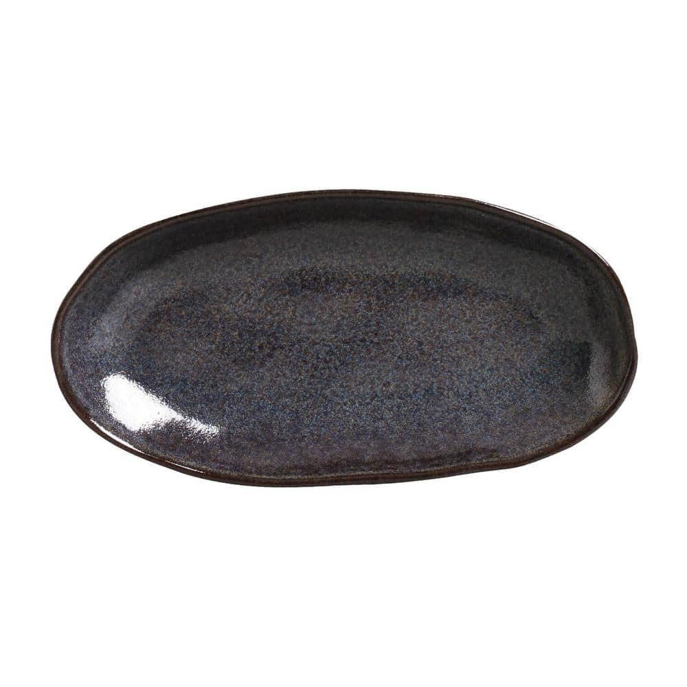 12.59 in. Titanium Dark Blue Stoneware Deep Oval Platter Large Organic ...