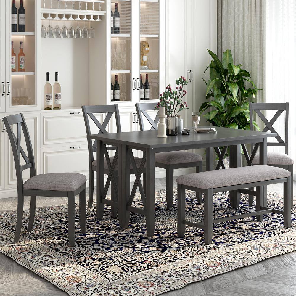 GOJANE 6-Piece Gray Family Dining Room Set Solid Wood Space Saving ...