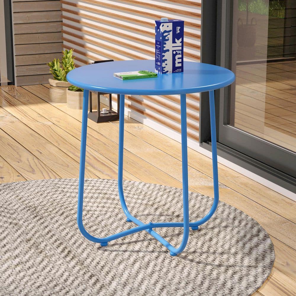 JOYESERY Patio Navy Blue Round Metal Frame Outdoor Side Table with UV ...
