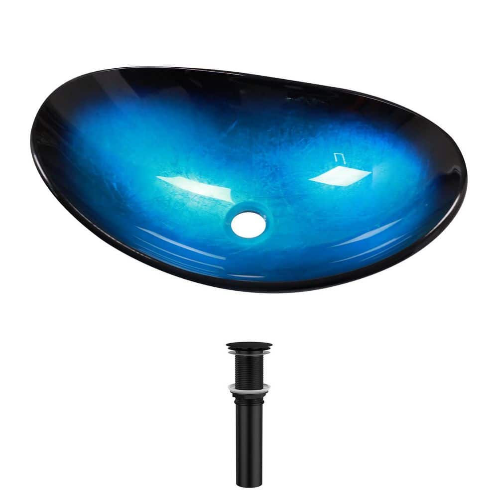 Kichae 21 in. Oval Vessel Bathroom Sink in Blue Glass with Black Pop-up ...