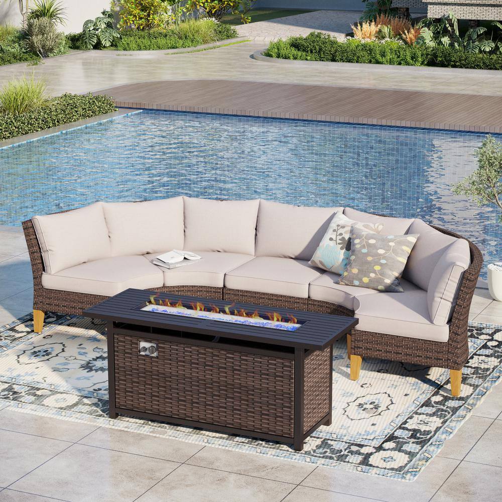 PHI VILLA Brown Rattan Wicker 5-Seat 6-Piece Steel Outdoor Fire Pit ...