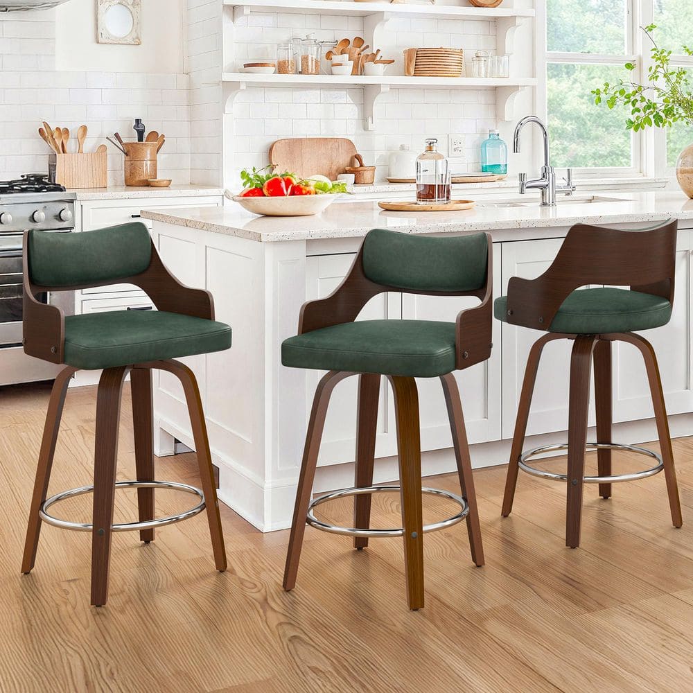 OrangeOne Kasper 26 in. Green Walnut Wood Frame Swivel Counter Height ...
