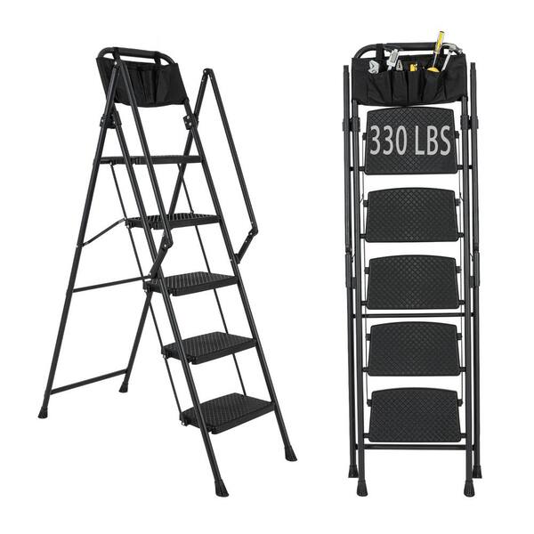 Tatayosi 5-Step Steel Folding Step Stool Ladder with Removable Tool Bag ...