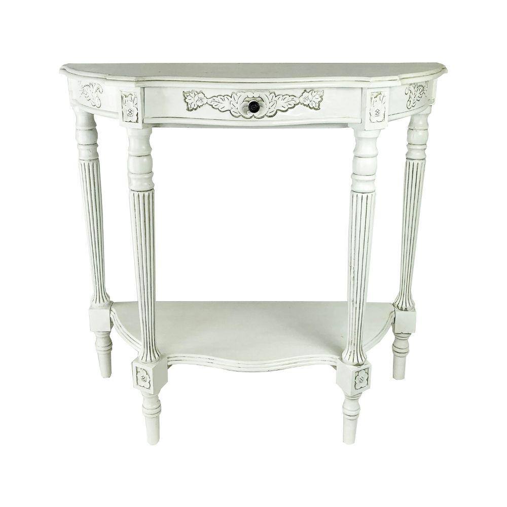 Benjara 14 in. White Half-Circle Wood Top Console Table with Carvings ...