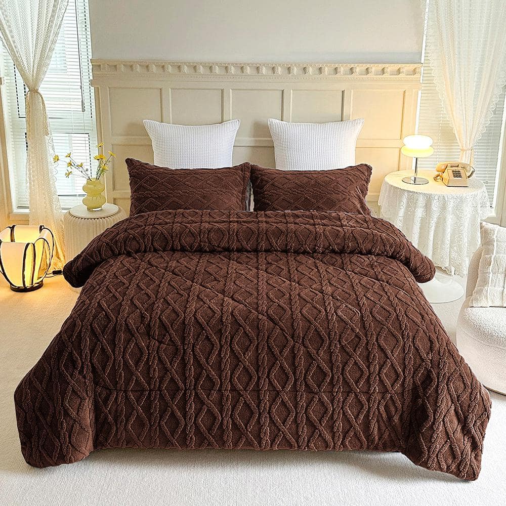 JML 3 Piece Moca Fluffy Sherpa Fleece Comforter Set Tufted Bedding ...