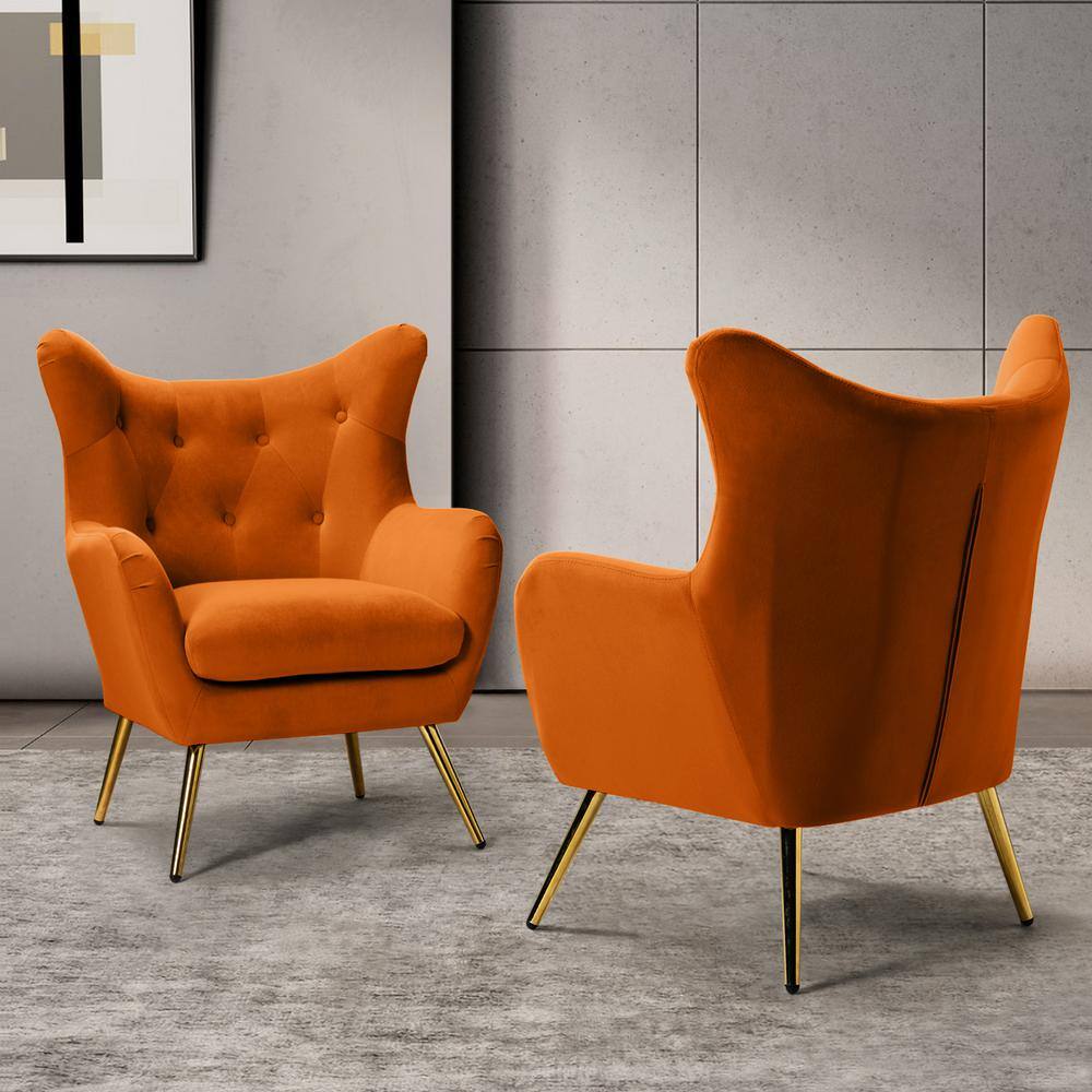 JAYDEN CREATION Jacob Orange Velvet Wingback Chair with Tufted Cushions ...