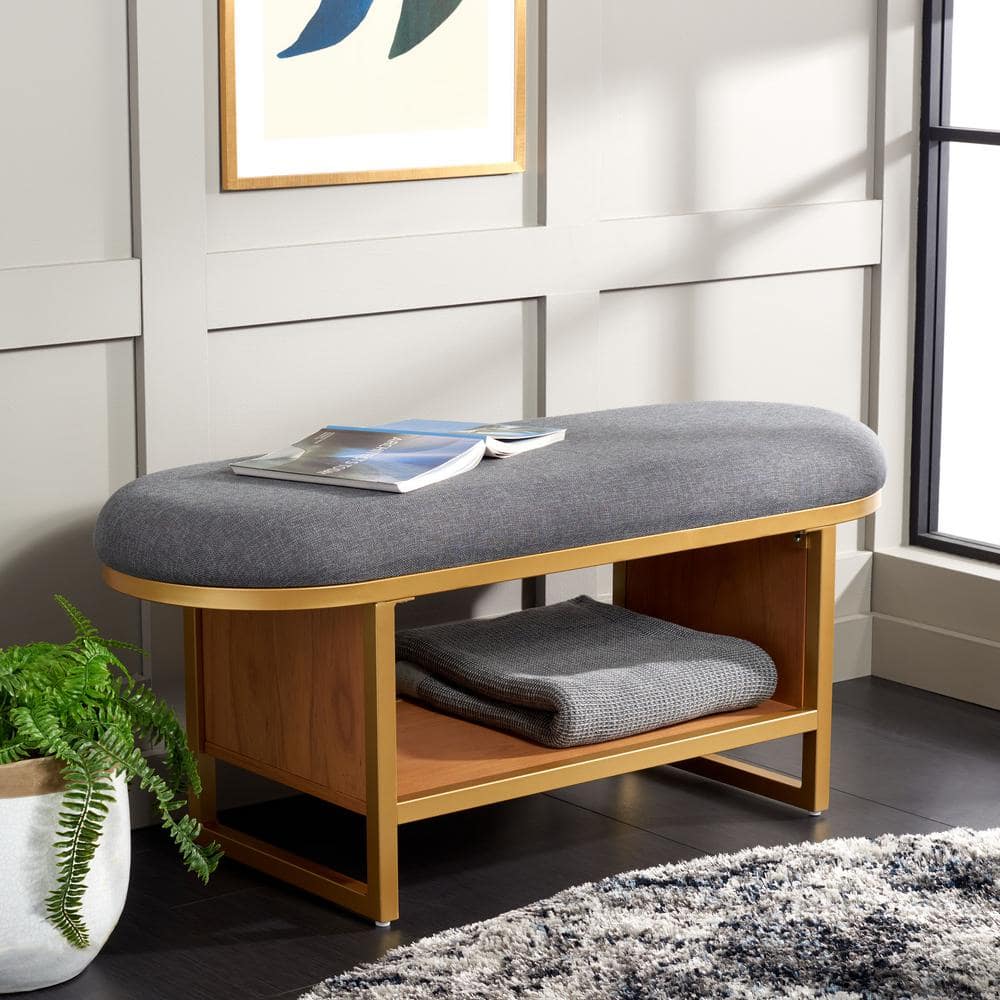 SAFAVIEH Iona Dark Grey/Walnut Entryway Bench With Cushion 42.01 in ...