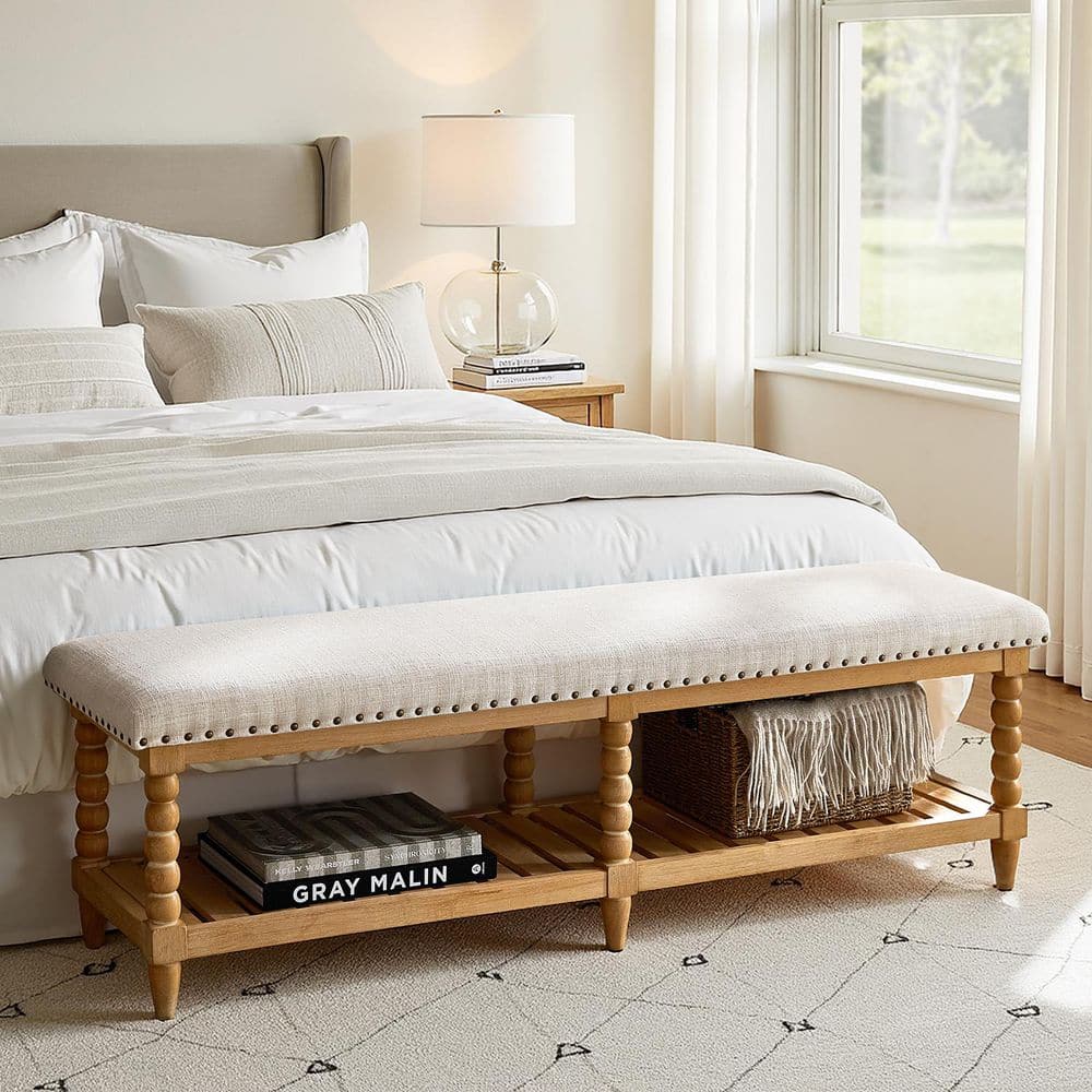 JAYDEN CREATION Juana 58 in. Ivory Bench with Open Storage BEXL1522-IVY ...