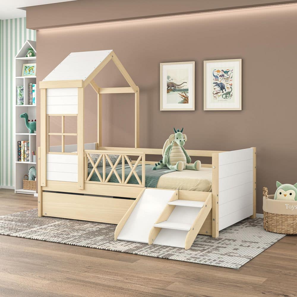 Polifurniture Cozy Natural and White Twin Daybed with Roof, Trundle and ...