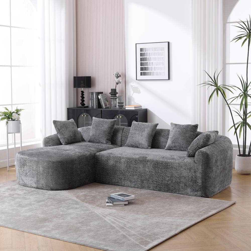 99.21 in.W Round Arm Extra Oversized Polyester and Boucle Comfy Sofa L Shaped with 5 Small Pillows in Gray