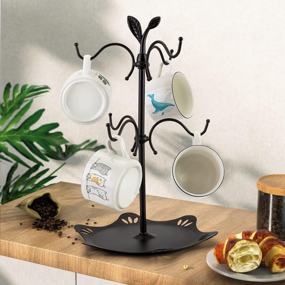 Wudkey Coffee Mug Tree, Cup Holder for Countertop, Mug Rack with Tray ...