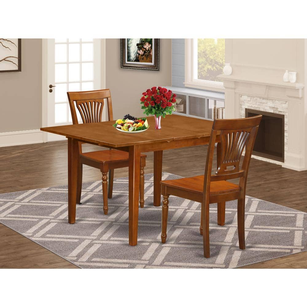East West Furniture 3-Piece Saddle Brown Finish Solid Wood Top Dining ...