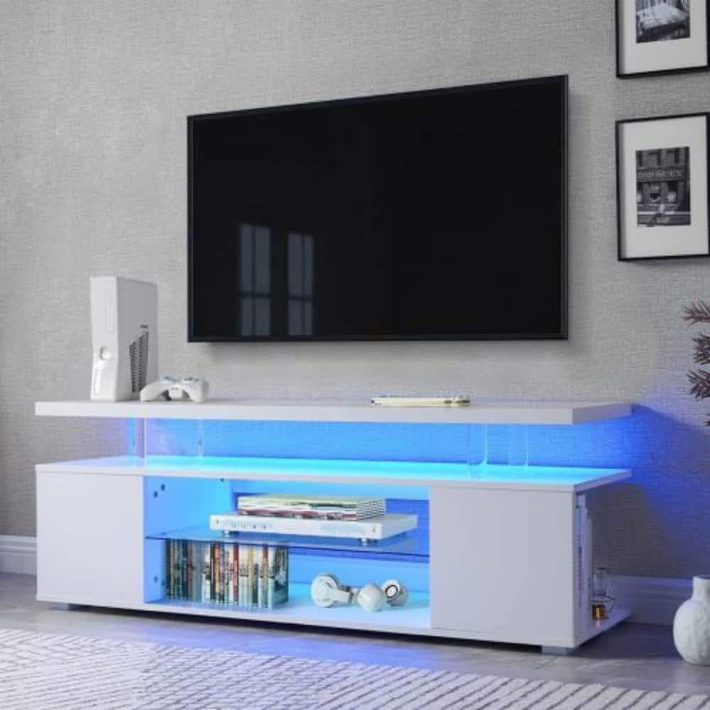Clihome White TV Stand LED Gaming Entertainment Center Media Storage ...