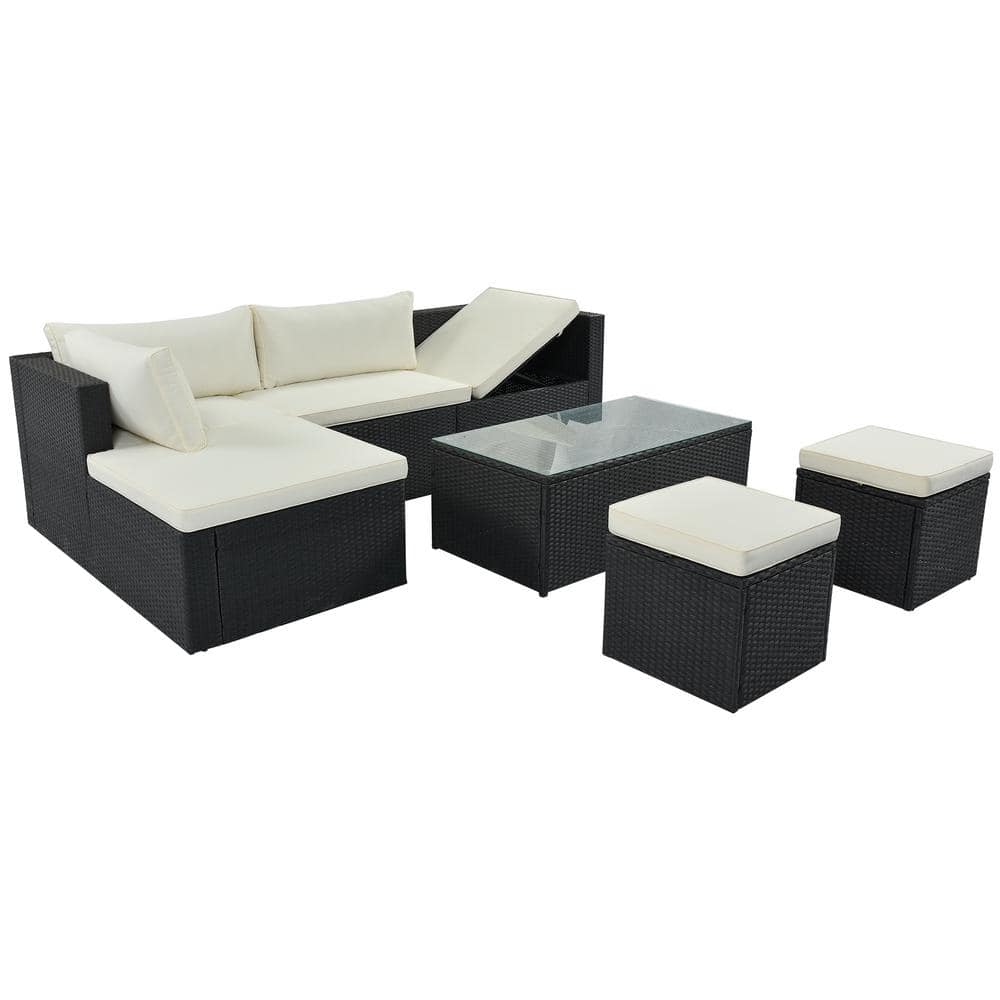 Polibi Beige 5-Piece Wicker Outdoor PE Rattan Sectional Lounger Sofa ...