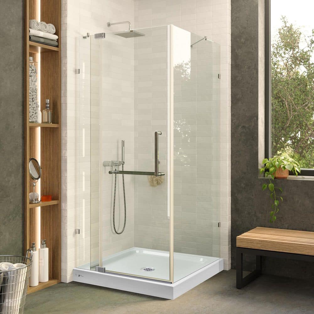 FINE FIXTURES Frameless Corner Shower Stall w/ 32in. L x 32in. W Shower ...