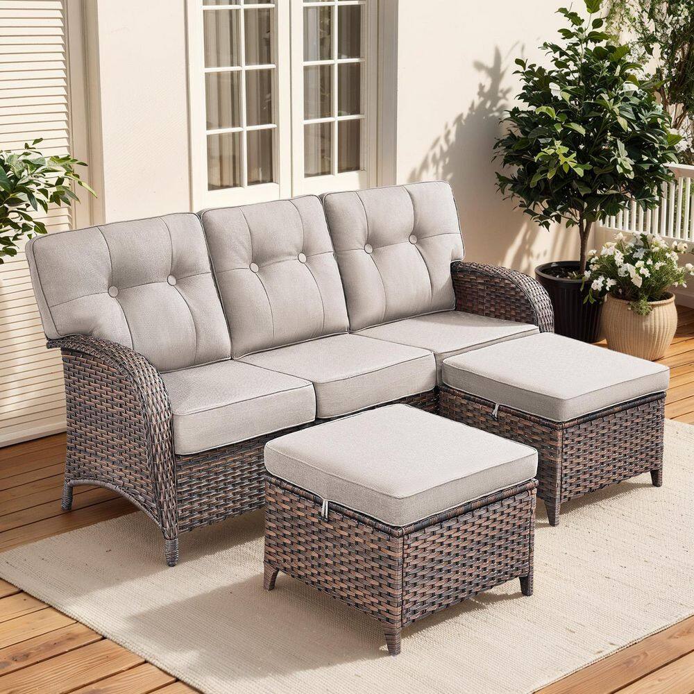 Pocassy Modern Seaside Series 3-Piece Patio Wicker Outdoor Sofa with 2 ...