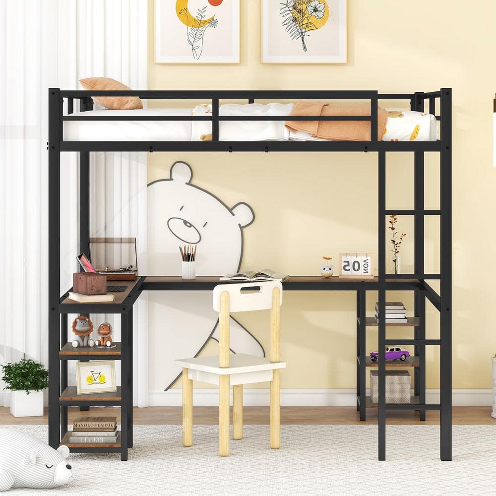 Boyel Living Black with Vintage wood-colored desk Full Metal Loft Bed ...