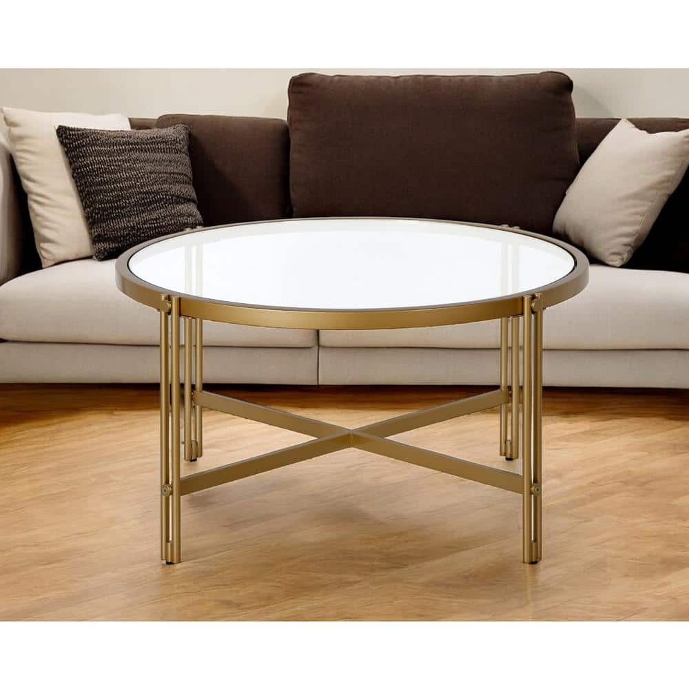 HomeRoots 32 in. Gold Round Glass Coffee Table 2000521040 - The Home Depot