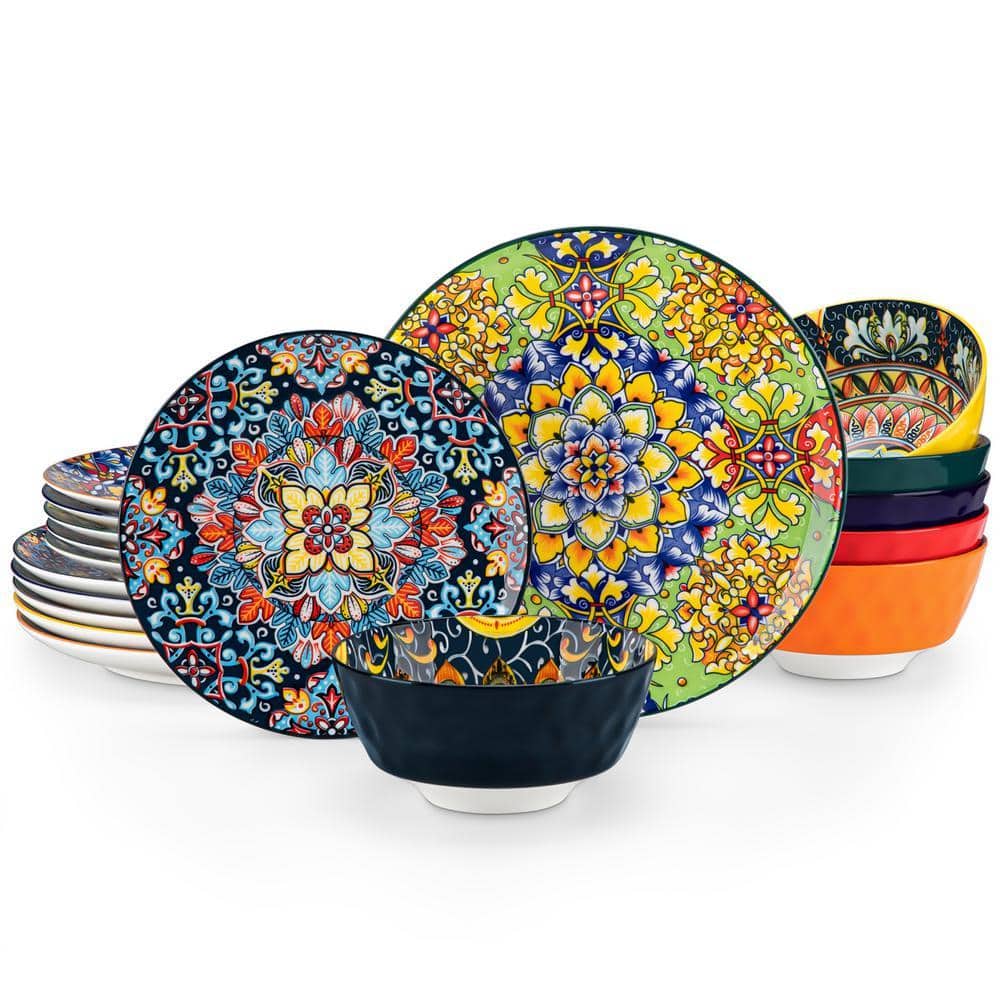 MALACASA 18-Piece Porcelain Dinnerware Set Bowl and Plate Set Bohemian ...
