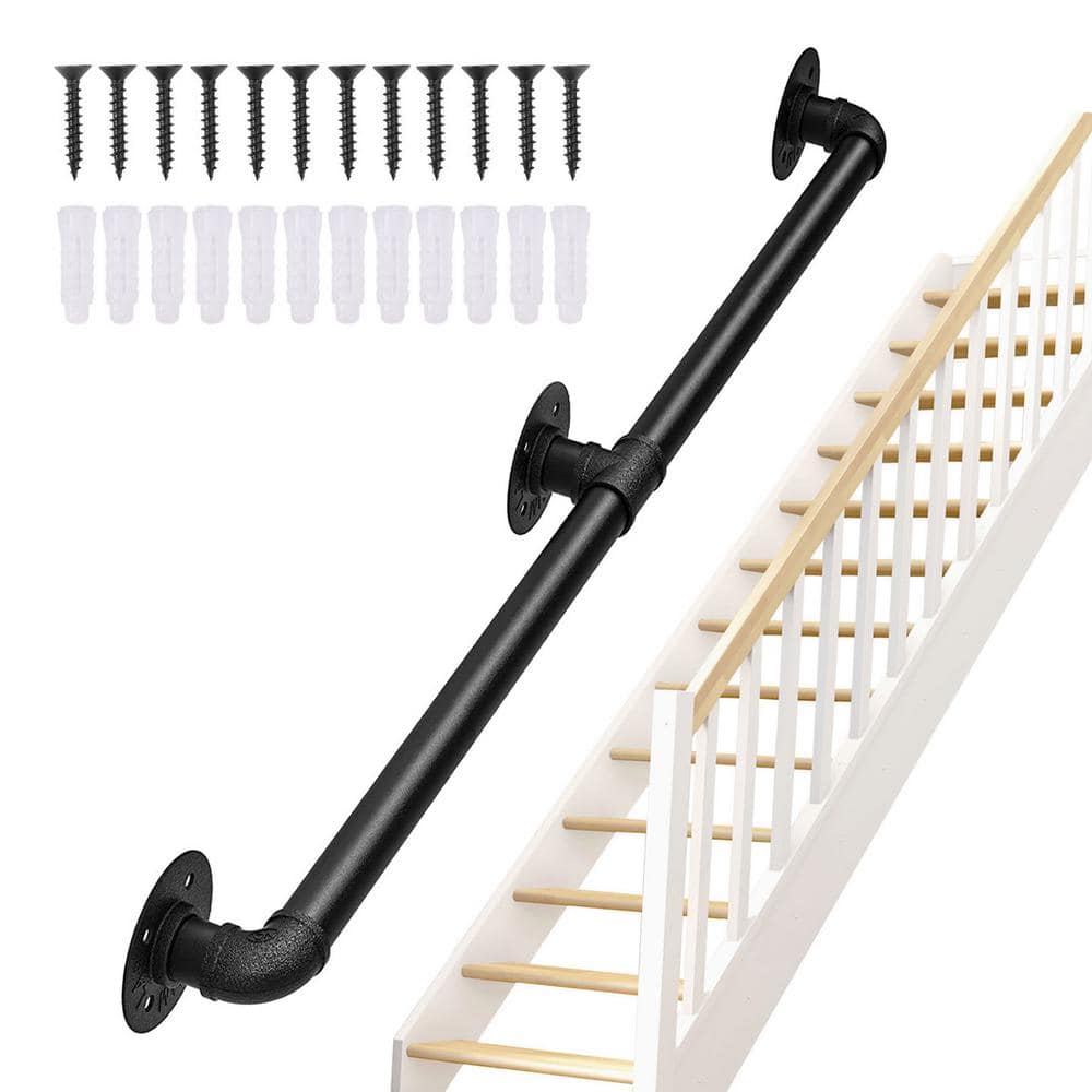 SEEUTEK 79 in. H x 31 in. W x 6.6 ft. Black Pipe Stair Handrail for ...