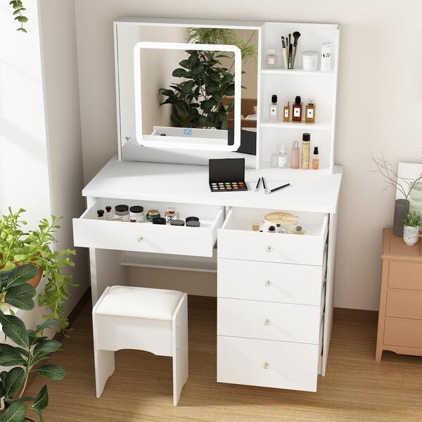 FUFU GAGA 5 Drawers White Makeup Vanity Sets Dressing Table Sets with LED Dimmable Mirror Stool and 3 Tier Storage Shelves KF210141 01 The Home Depot
