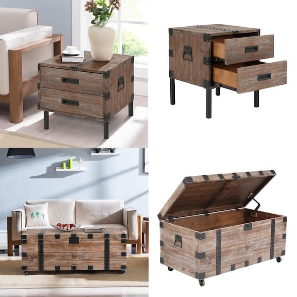 Magic Home 3 Piece Antique Reclaimed Wood Living Room Trunk Table Set with Large Storage Coffee Table and Dress Up Side Tables CS W30216919