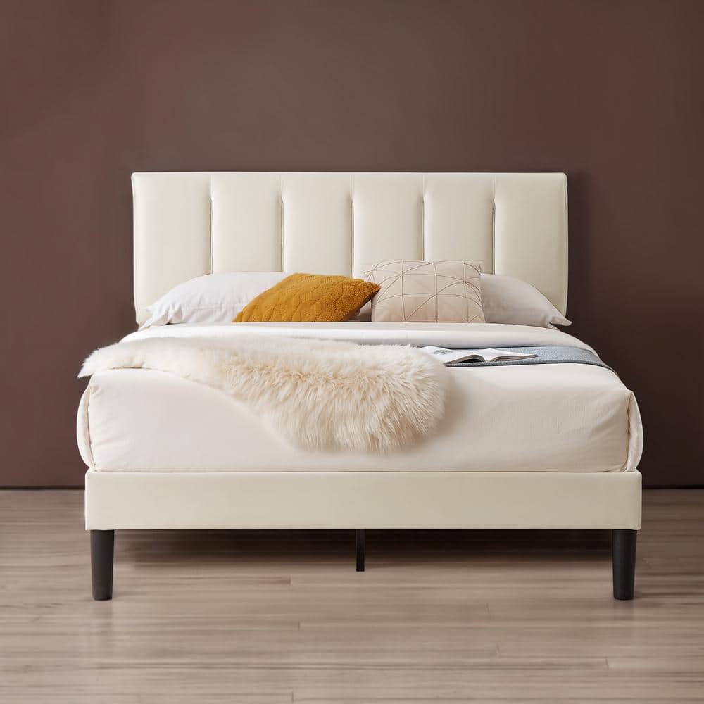VECELO Upholstered Bedframe, Beige Metal Frame Queen Platform Bed with ...