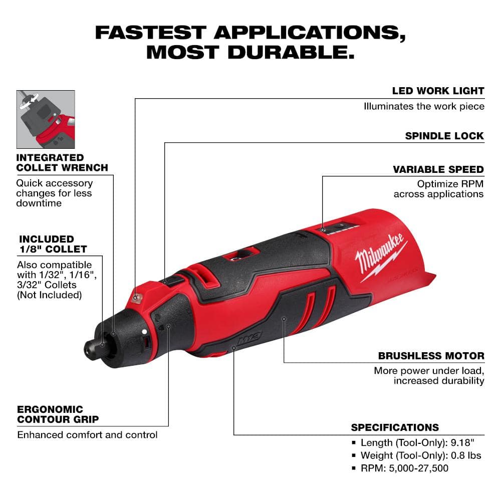 Milwaukee M12 12V Lithium-Ion Cordless Brushless Rotary Tool with (1) 2 ...