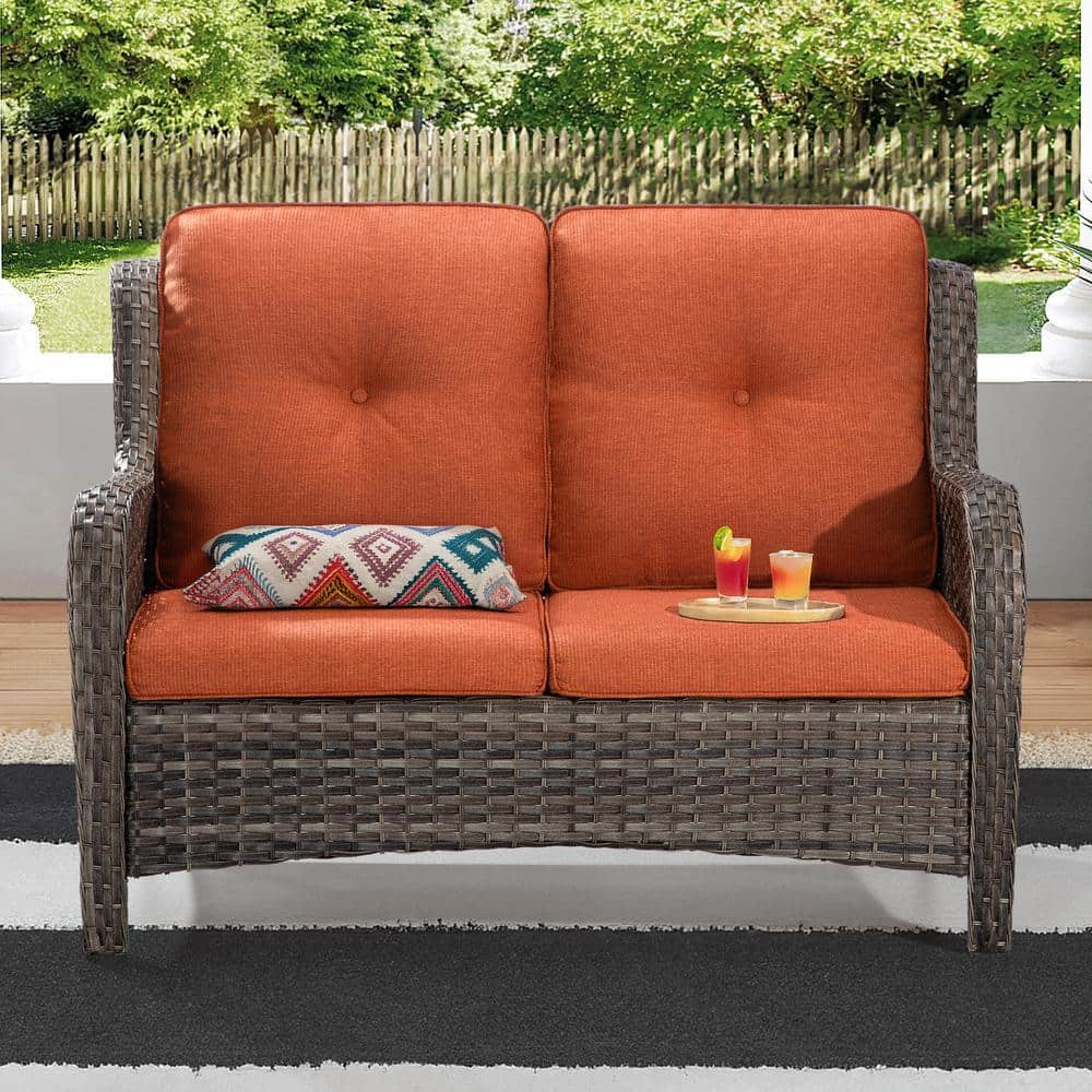 JOYSIDE Brown Wicker Outdoor Patio Loveseat with Orange Cushions M79 ...