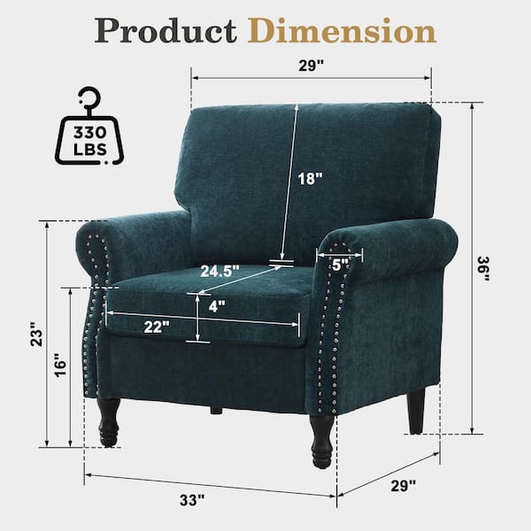 Dark Teal Chenille Upholstered Wood Frame Accent Chair Armchair with Turned Legs and Tufted Rolled Armrests