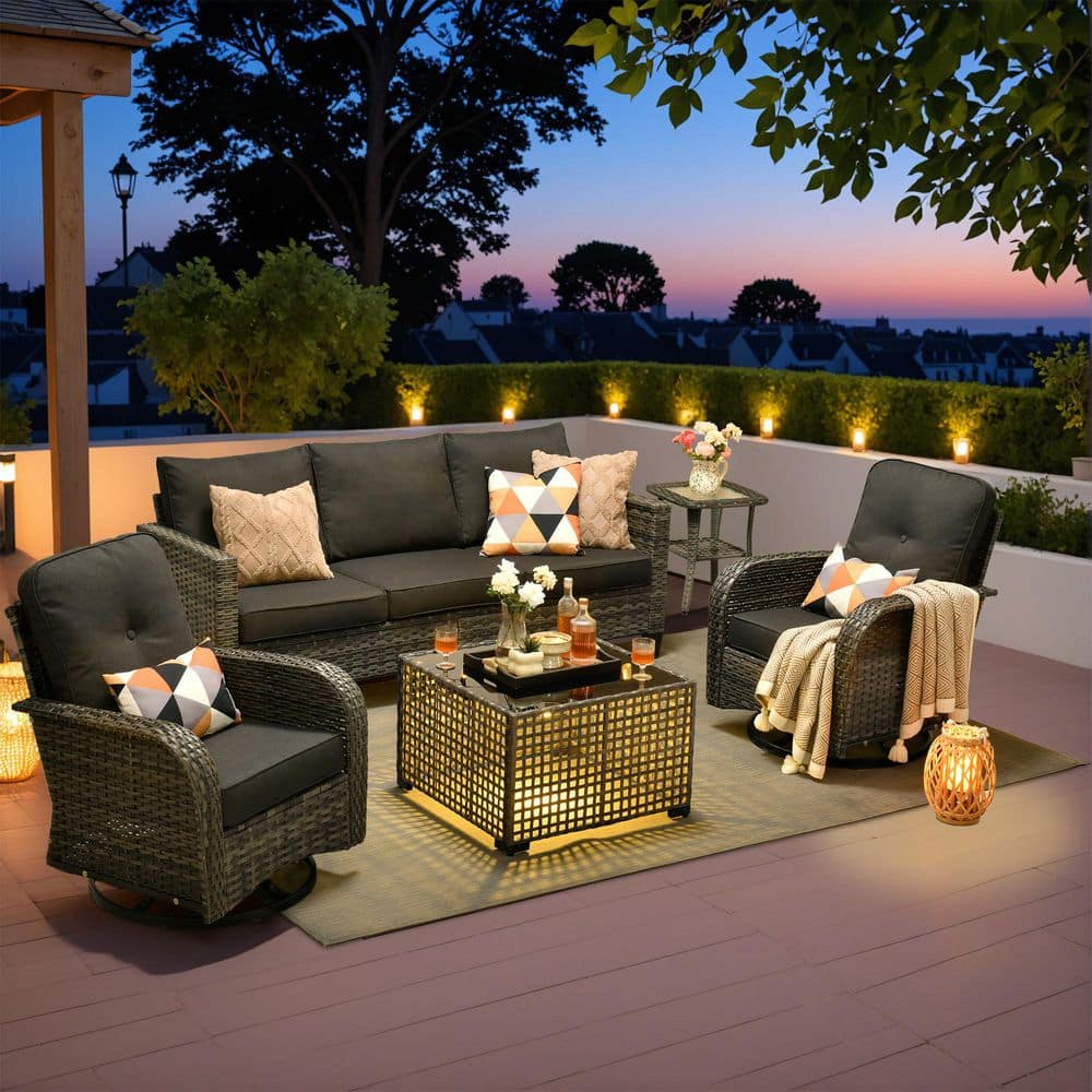 OVIOS Vinceny Gray 5-Piece Wicker Patio Conversation Set with Black ...