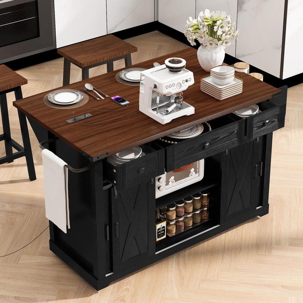 Harper & Bright Designs Black Wood Kitchen Cart with Drop Leaf, Power ...