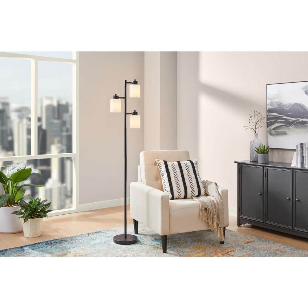 Hampton Bay 65 in. Black Tree Triple Floor Lamp with White Plastic ...