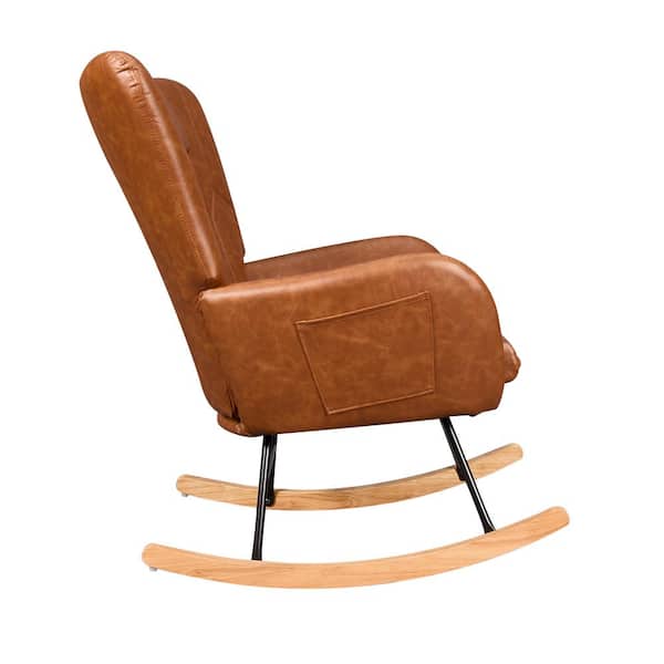 VECELO Brown Nursery Rocking Chair Leather Upholstered Glider Rocker with Headrest High Backrest Modern Rocking Accent Chair THD RC05 BRN