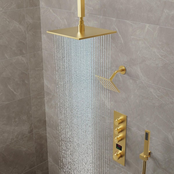 EVERSTEIN 7-Spray Patterns with 12 in. Ceiling Mounted Massage Fixed Shower Head with LED in ...