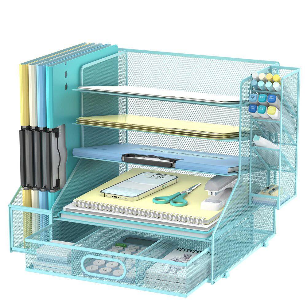 12.9 in. x 15.6 in. Blue Mesh Desk Organizer, 5-Tier Paper Letter Tray ...