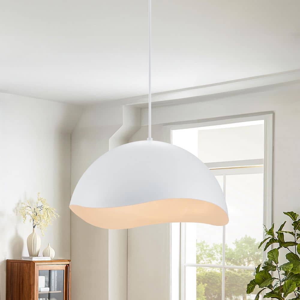 KAWOTI 14.75 in. 1-Light Painted White Dimmable Pendant Light with ...