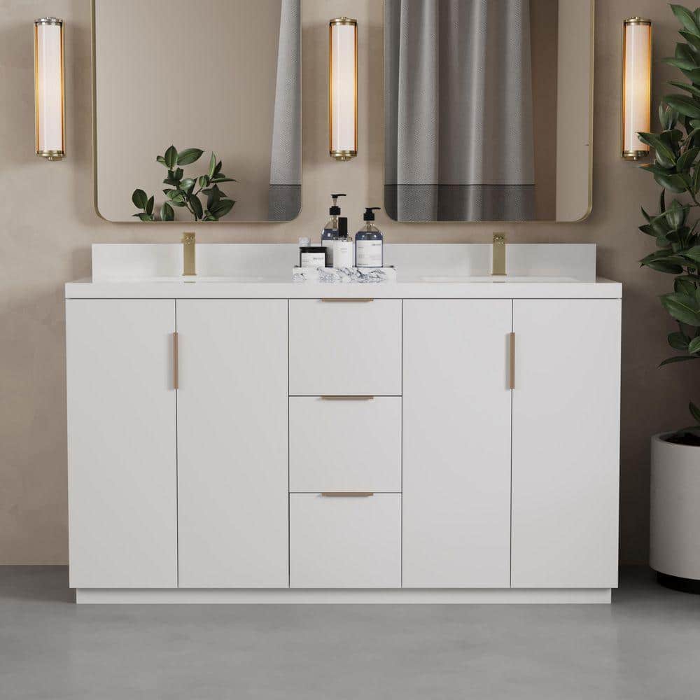 Urban Woodcraft Bergen 63in. Double Sink, White Bath Vanity with White ...