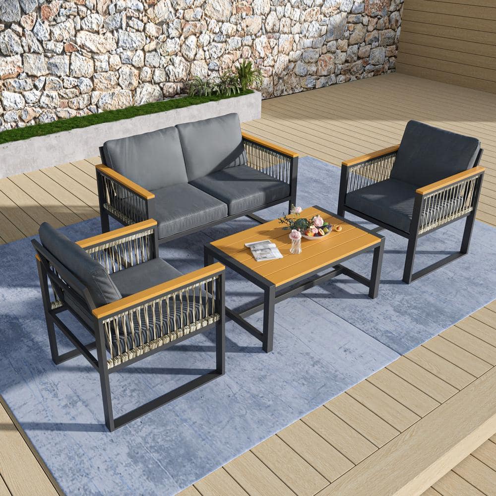 PamaPic 4-Piece Metal Wicker Outdoor Patio Conversation Sofa Seating Set with Gray Cushions TB ...